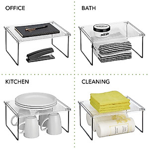 mDesign Metal Stacking Storage Organization for Kitchen Cabinet Shelves in Pantry, Cupboard, Fridge/Freezer - Organizer Stand for Plates, Bowls, Mugs, Ligne Collection, 4 Pack, Clear/Matte Black