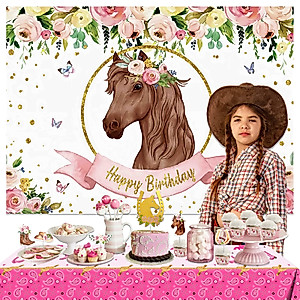 Hombae Horse Party Decorations for Girl, Horse Themed Birthday Backdrop Balloon Garland Artificial Leaves Cutout Happy Birthday Banner Tablecloth Cake Cupcake Topper Floral Horse Pink 126 PCs