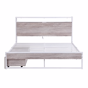 CITYLIGHT Metal Bed Frame Queen with Two Drawers, Queen Size Storage Bed with Sockets, USB ports and Slat Support,No Box Spring Needed,Easy Assembly,White