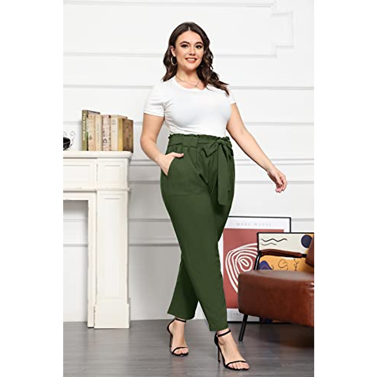 KIMCURVY Paper Bag Pants for Women High Waist Plus Size Pencil Pants for Work Army Green 18W