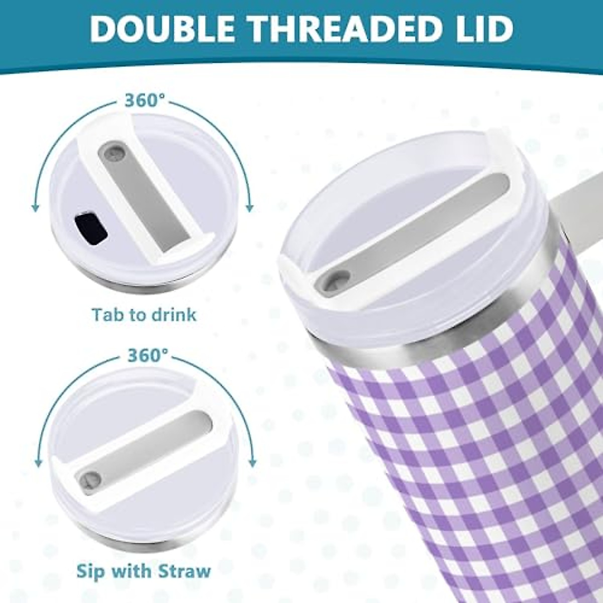 ARGTILDN 40 oz Tumbler Purples Plaid Insulated Travel Mug with Handle and Straw Lid Stainless Steel Vacuum Coffee Cup Tea Beverage Container Water Bottles for Car Sports office