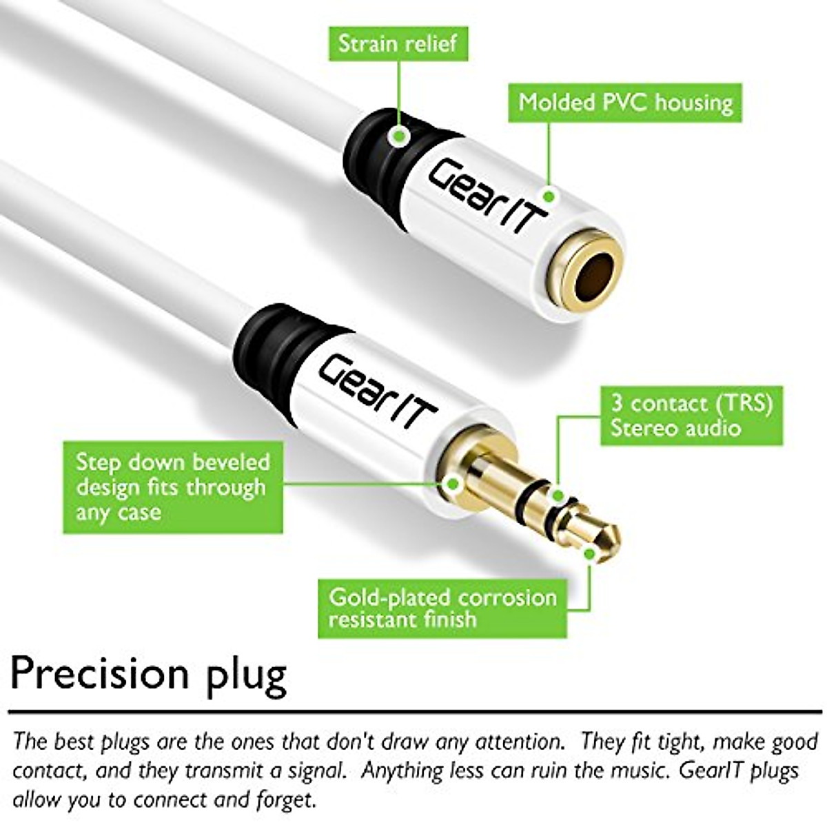 50ft 3.5mm Extension Cable, GearIT Pro Series Preminun Gold Plated 50 Feet 3.5mm Auxiliary Audio Stereo Extension Male to Female Cable, White