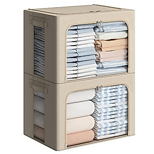 FHSQX Storage Bins, Large Capacity Clothes Bag Organizer with Window & Carry Handles, Foldable Stackable Container Set, Closet Organization for Comforters (2-PACK) (Beige, Big 19.7 x 16 x 13.7)