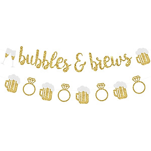 Sursurprise Gold Glitter Bubbles & Brews Banner, Beer Diamond Ring Garland, Bubbly Bar Sign for Funny Engagement Party Decorations Bridal Shower Wedding Bachelorette Supplies
