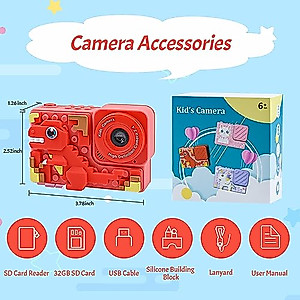 Kids Camera for Boys and Girls, Children Digital Video Toy Camera with Dinosaur Silicone Building Blocks, Selfie Camera for Kids, Christmas Birthday Festival Gifts for Age Above 6 with 32GB SD Card