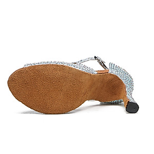 Minishion Ankle Strap Dance Shoes Sparkle Wedding Party Heels with Crystals L522 Silver US 9.5