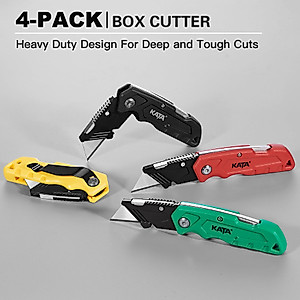 KATA 4-PACK Folding Utility Knife, Heavy Duty Box Cutter with 20pcs SK5 Quick Change Blades, Safety Lock Back Design, Used for Cutting Cartons, Cardboards and Boxes