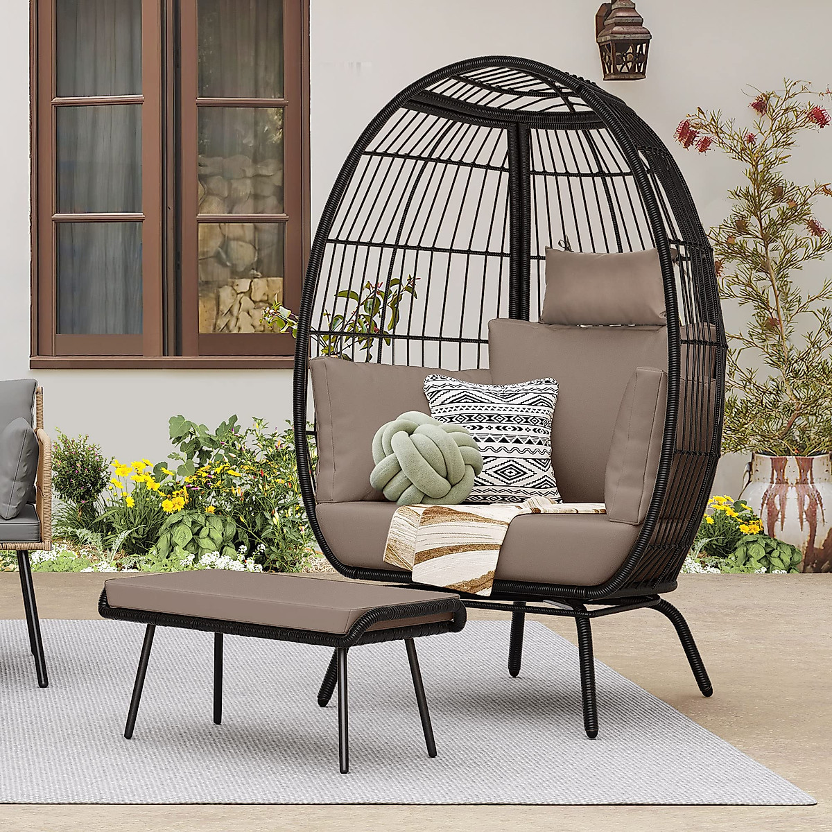 YITAHOME Wicker Egg Chair with Ottoman Outdoor Indoor Oversized Lounger with Stand, Cushions, Egg Basket Chair for Patio Backyard Porch - Brown & Black
