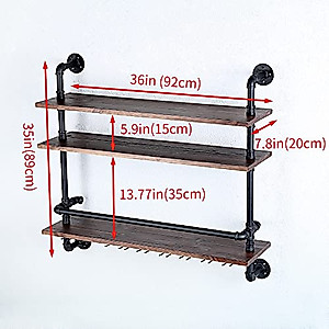 Industrial Pipe Shelf Wine Rack Wall Mounted with 9 Stem Glass Holder,3-Tiers Rustic Floating Bar Shelves Wine Shelf,36in Real Wood Shelves Wall Shelf Unit,Steam Punk Pipe Shelving Wine Glass Rack