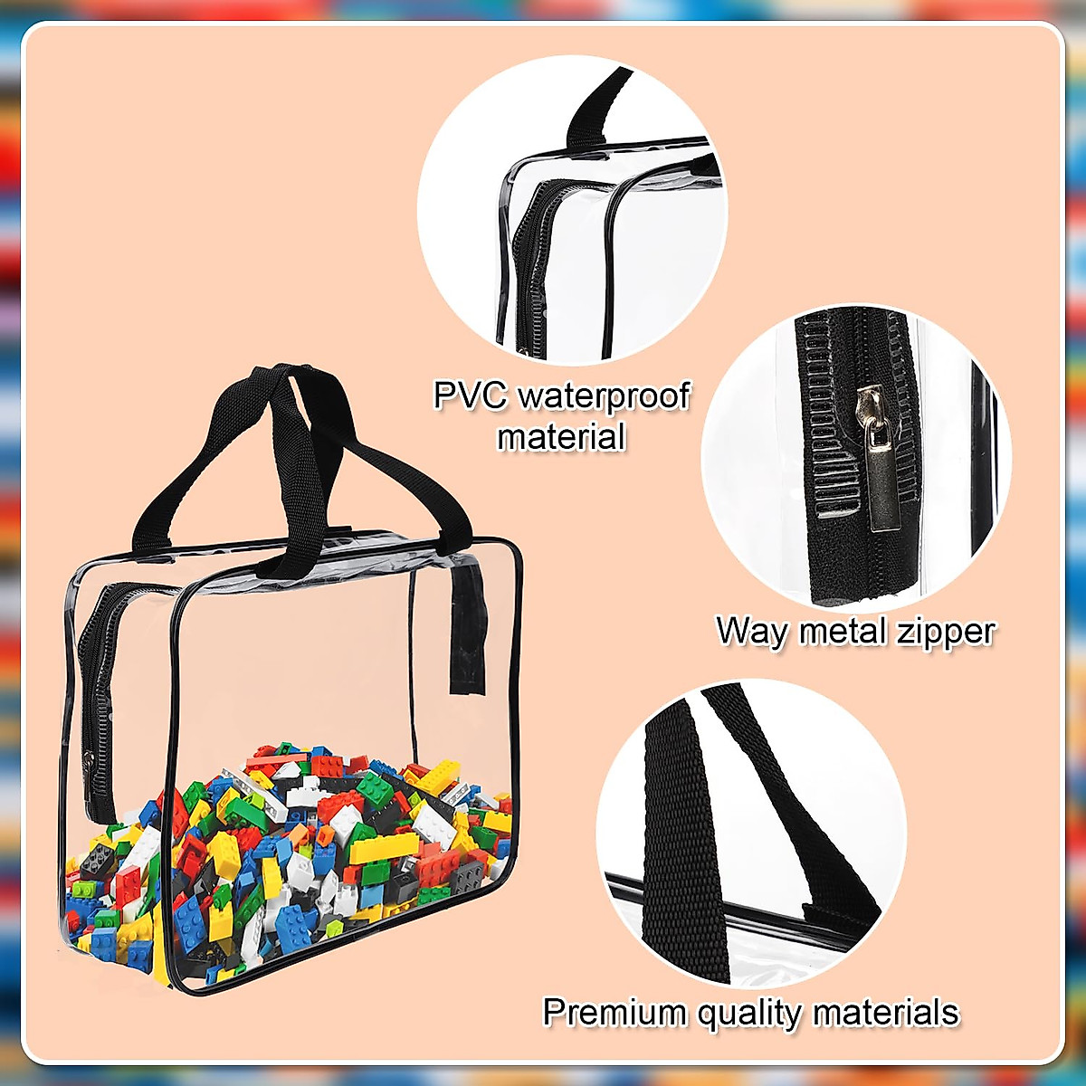 lasuroa 6pcs Toy Storage Bags with Stickers, Large Board Game Storage Bags Clear Storage Bags with Zipper Bliss Bins Toy Storage Organizing Bags for Board Games Building Blocks Puzzles