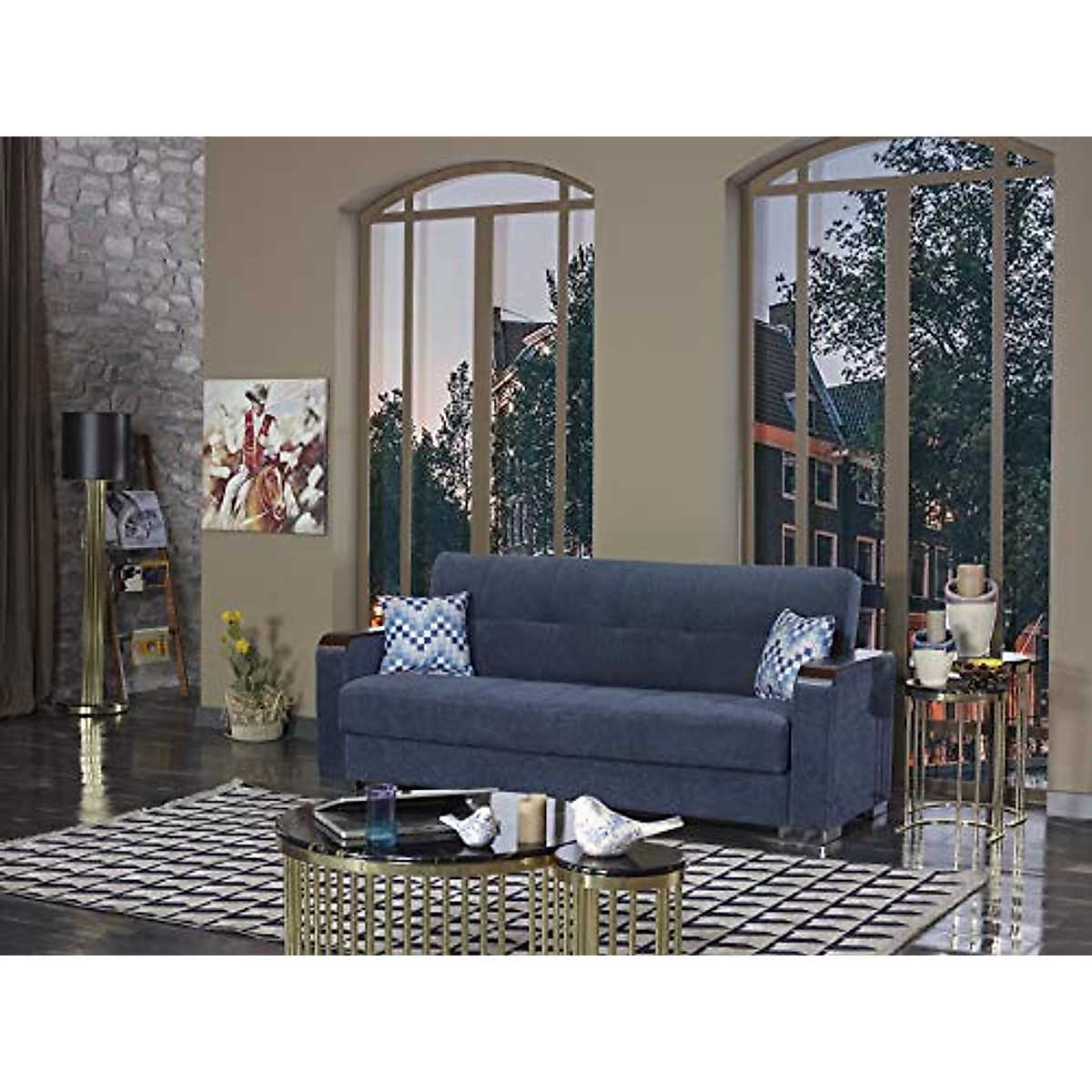 BEYAN Zurich Modern Upholstered Tufted Sleeper Sofa with Storage, 89", Blue