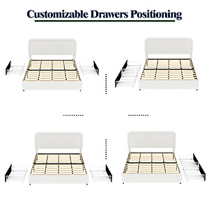 Queen Size Boucle Upholstered Platform Bed Frame, with 2 Drawers Storage, Curved Stitched Tufted Headboard, Wooden Slat Mattress Support, Noise Free, Easy Assembly, No Box Spring Needed, Ivory
