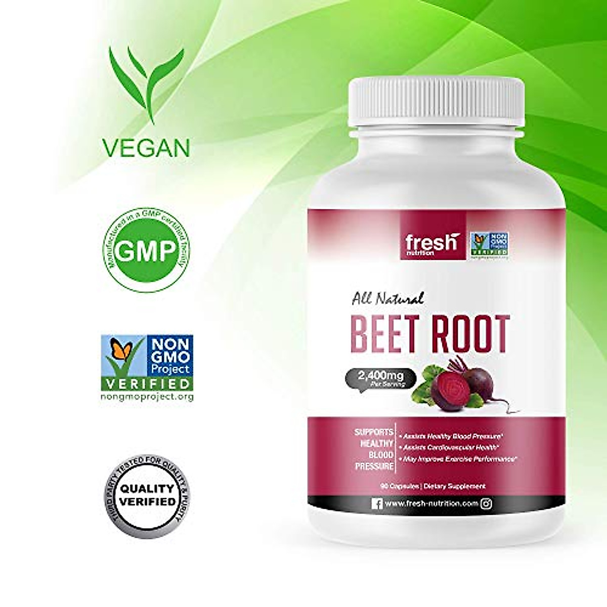 Fresh Nutrition Organic Beet Root Capsules - Strongest DNA Verified 2400mg Per Serving - Vegan Friendly, Non GMO, Gluten and Soy Free
