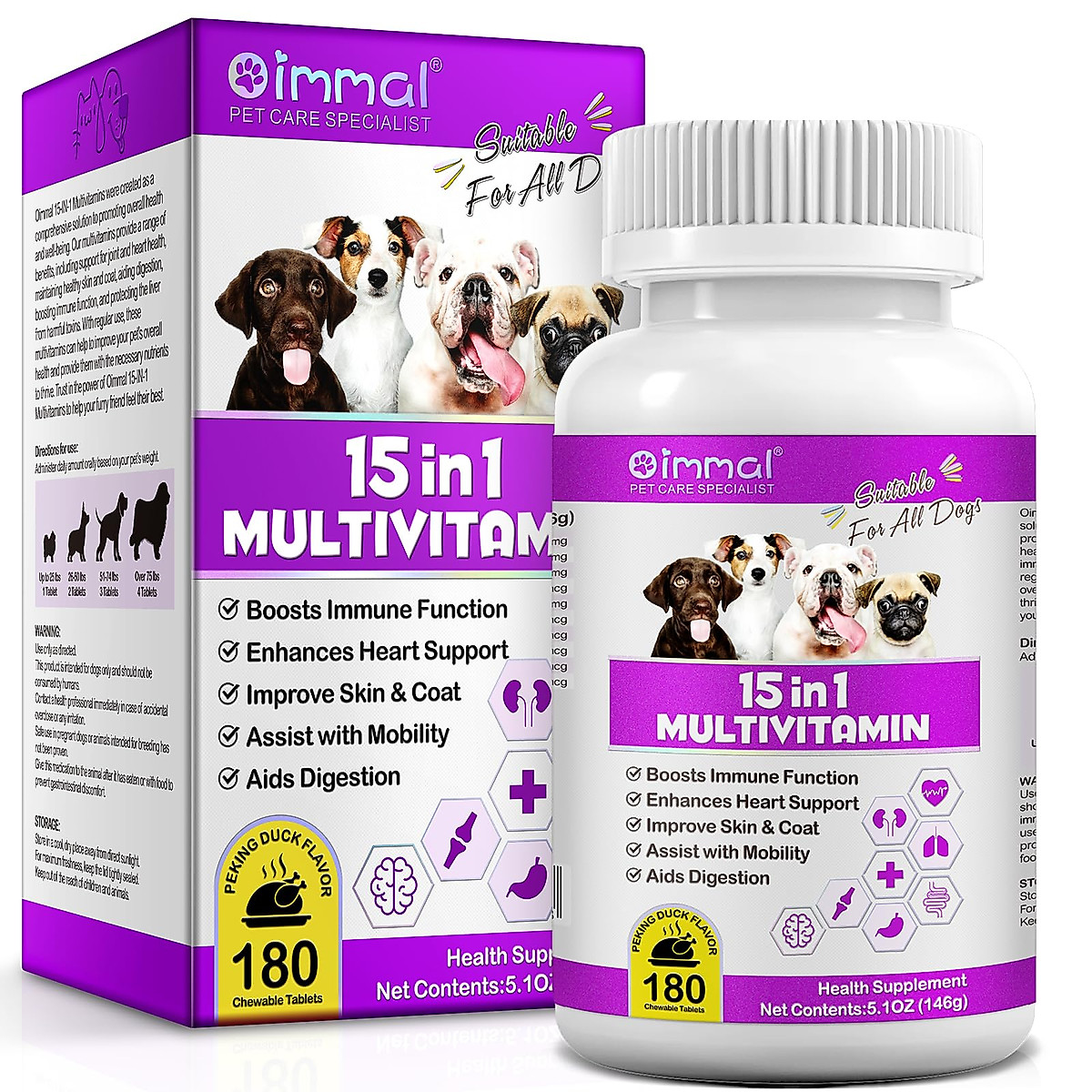 Dog Multivitamin Treats - 15 in 1 Multivitamin Tablets for Dogs with Glucosamine, Cranberry, Milk Thistle, Vitamins Supports Joint & Digestion, Skin & Coat - Peking Duck Flavor / 180 Chewable Tablets