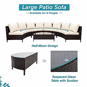 n/a 5 Pieces Brown PE Rattan Wicker Sofa Set Outdoor Patio Sectional Furniture Set Half-Moon with Tempered Glass Table