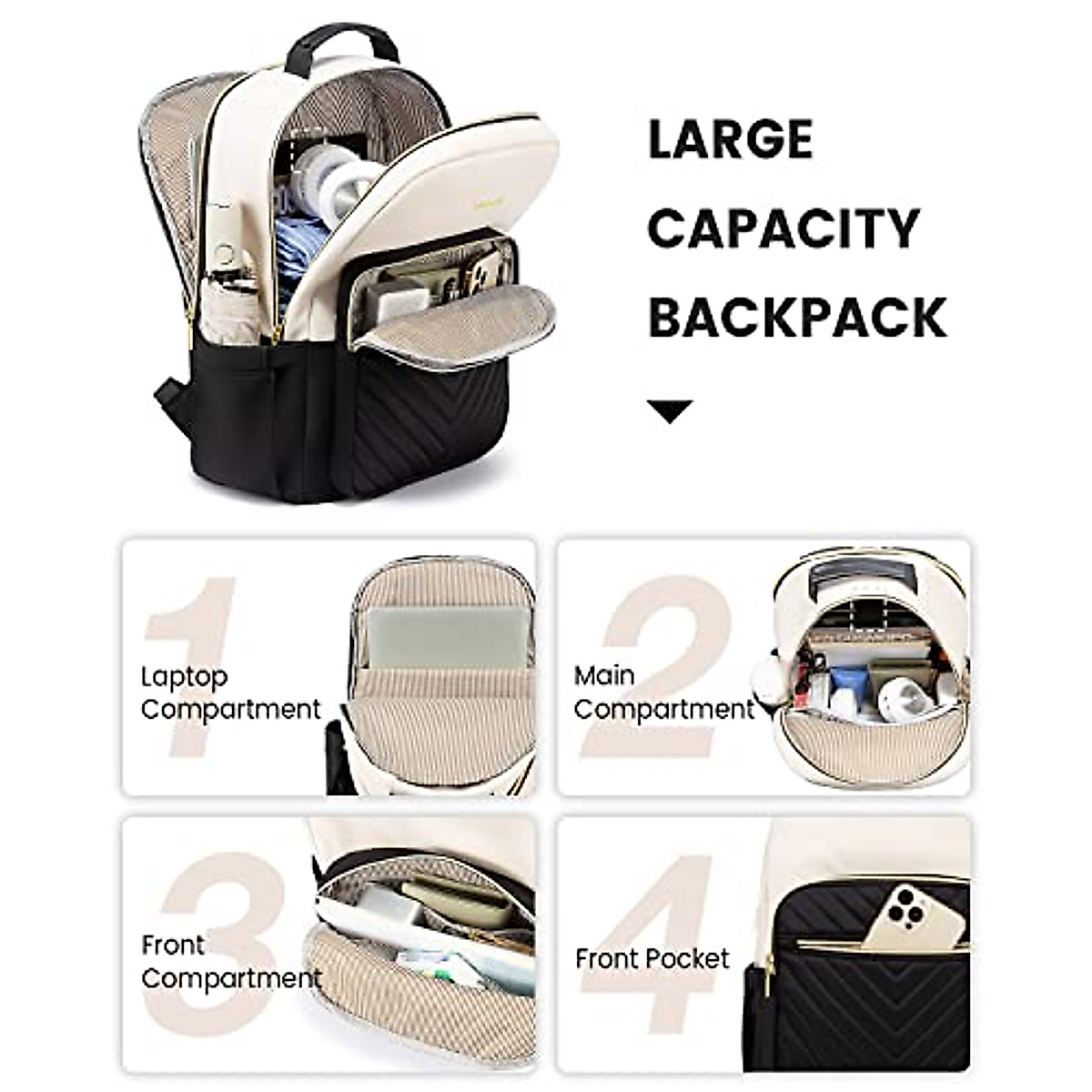 LOVEVOOK Laptop Backpack for Women, 15.6 Inch Backpack Purse with USB Port, Waterproof Travel Business Work Laptop Bag, Fashion Doctor Professor Nurse Backpack, Beige-Black
