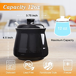 DAYYET Sugar Bowl with Lid and Spoon, 12 oz Ceramic Sugar Bowl with Spoon, Sugar Container for Coffee Bar, Sugar Jar Sugar Dispenser Bowl, Modern Kitchen Decor, Black