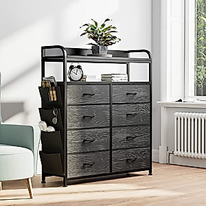 Lulive 8 Drawer Dresser with Shelves, Chest of Drawers for Bedroom with Side Pockets and Hooks Fabric Storage Tower Organizer for Nursery Hallway, Closet, Wood Top (Charcoal Black), (Dressers-HI1349)