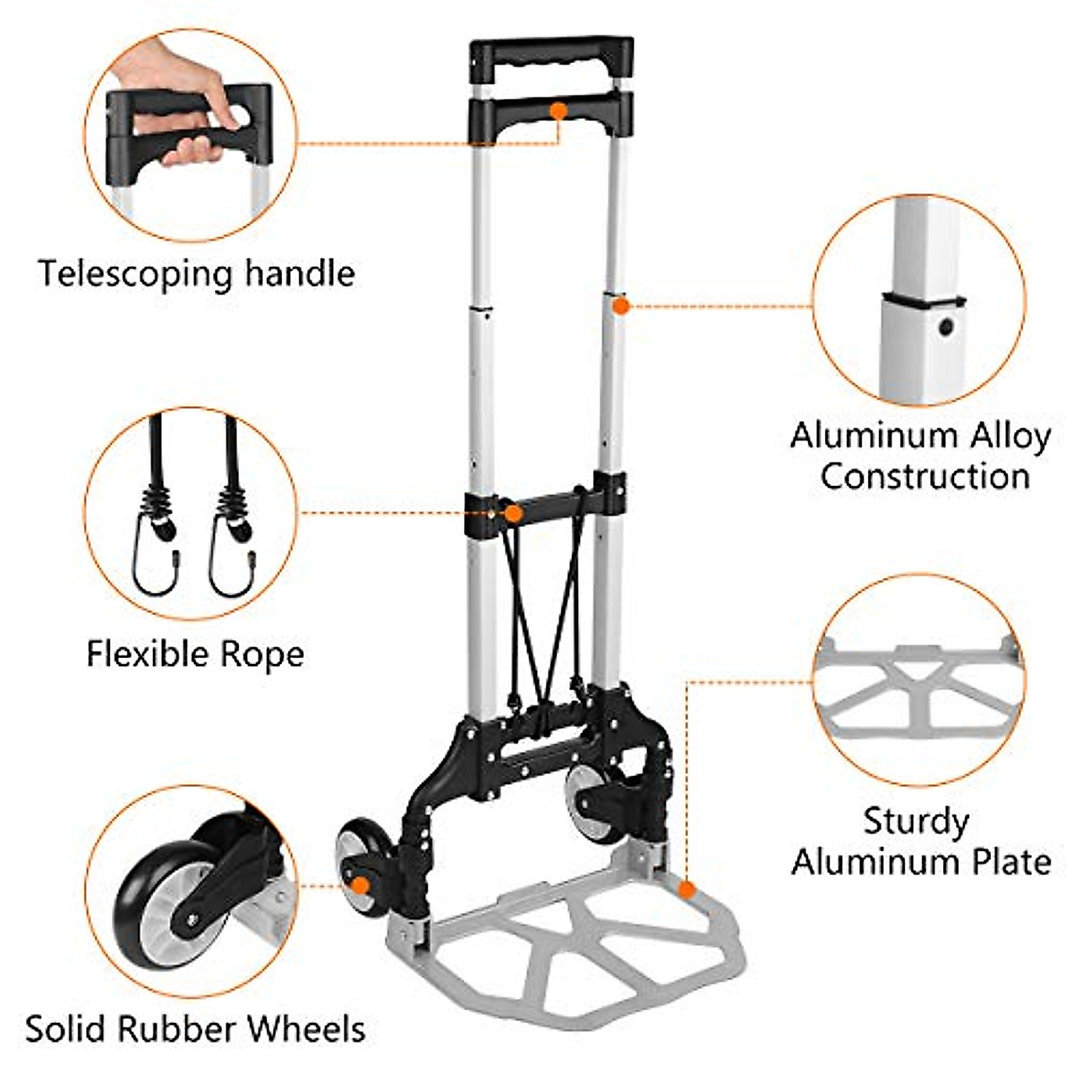 Folding Hand Truck, Gimify Dolly Cart Luggage Hand Cart Aluminum Box Cart Lightweight Portable with Telescoping Handle for Personal, Travel, Shopping, Moving, Office, 165 lbs Capacity (Black)