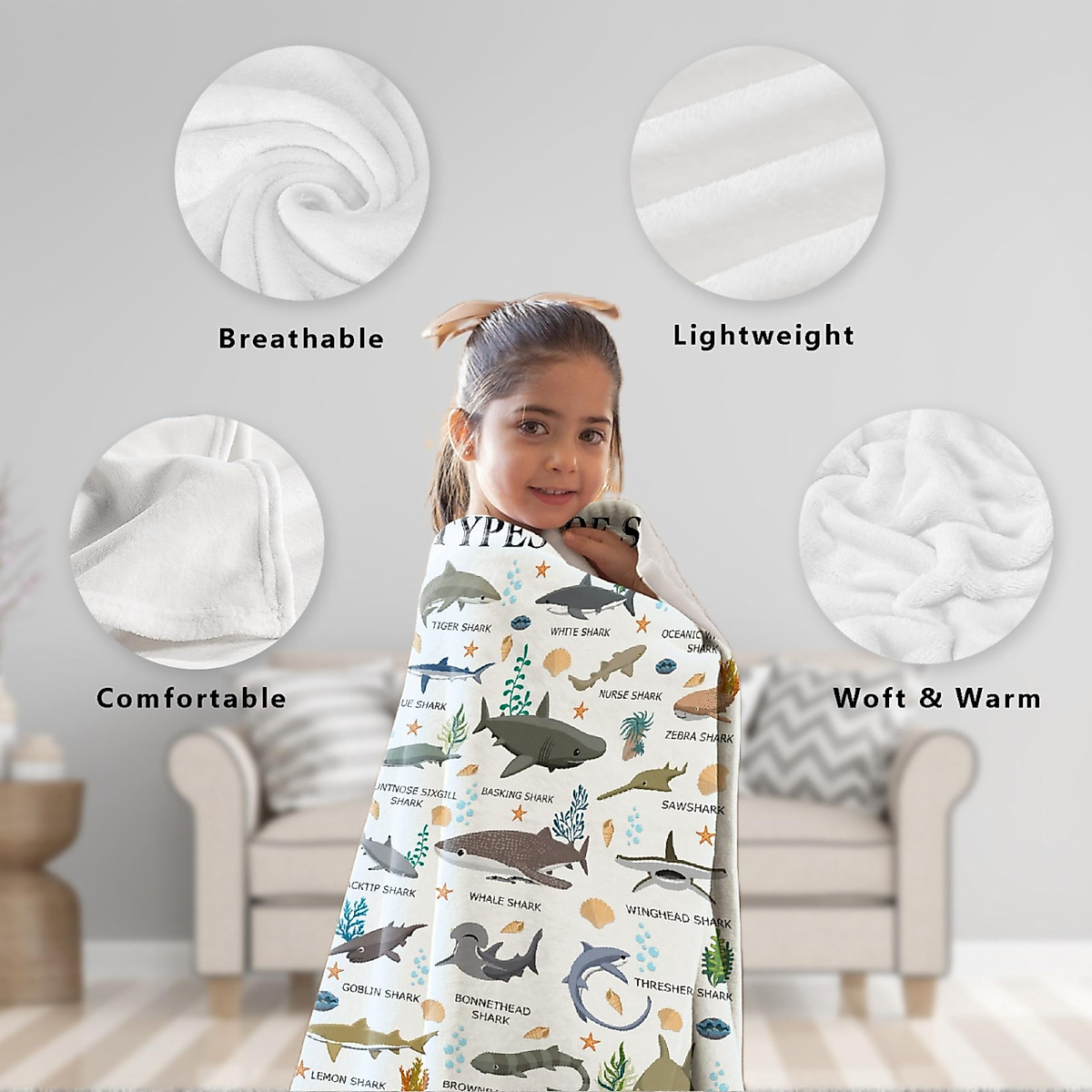 Shark Blanket Shark Gifts for Kids Boys Girls Shark Lovers Types of Sharks Plush Cozy Flannel Cute Animal Educational Throw Sheet 50" X 40" Decor for Couch Daycare Nap Birthday Decorations Bedroom