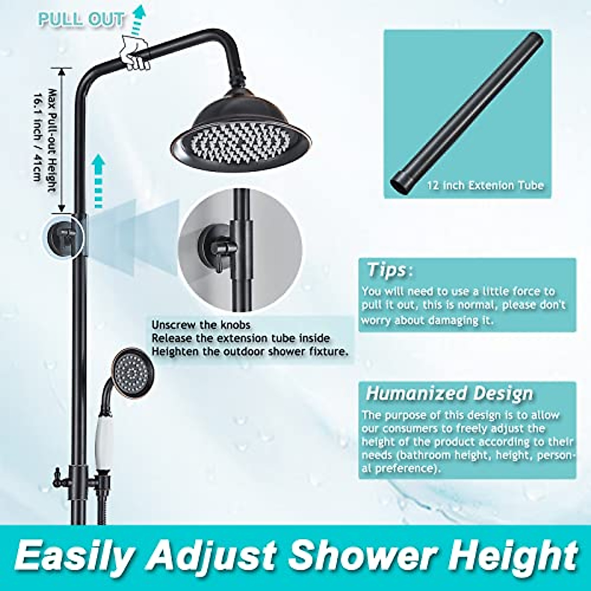 Gmusre Oil Rubbed Bronze Bathroom Shower Faucet Set Outdoor Shower Fixture 8 Inch Rainfall Shower Head Handheld Spray Tub Spout Wall Mounted Mixer Shower System with 12 Inch Extension Tube