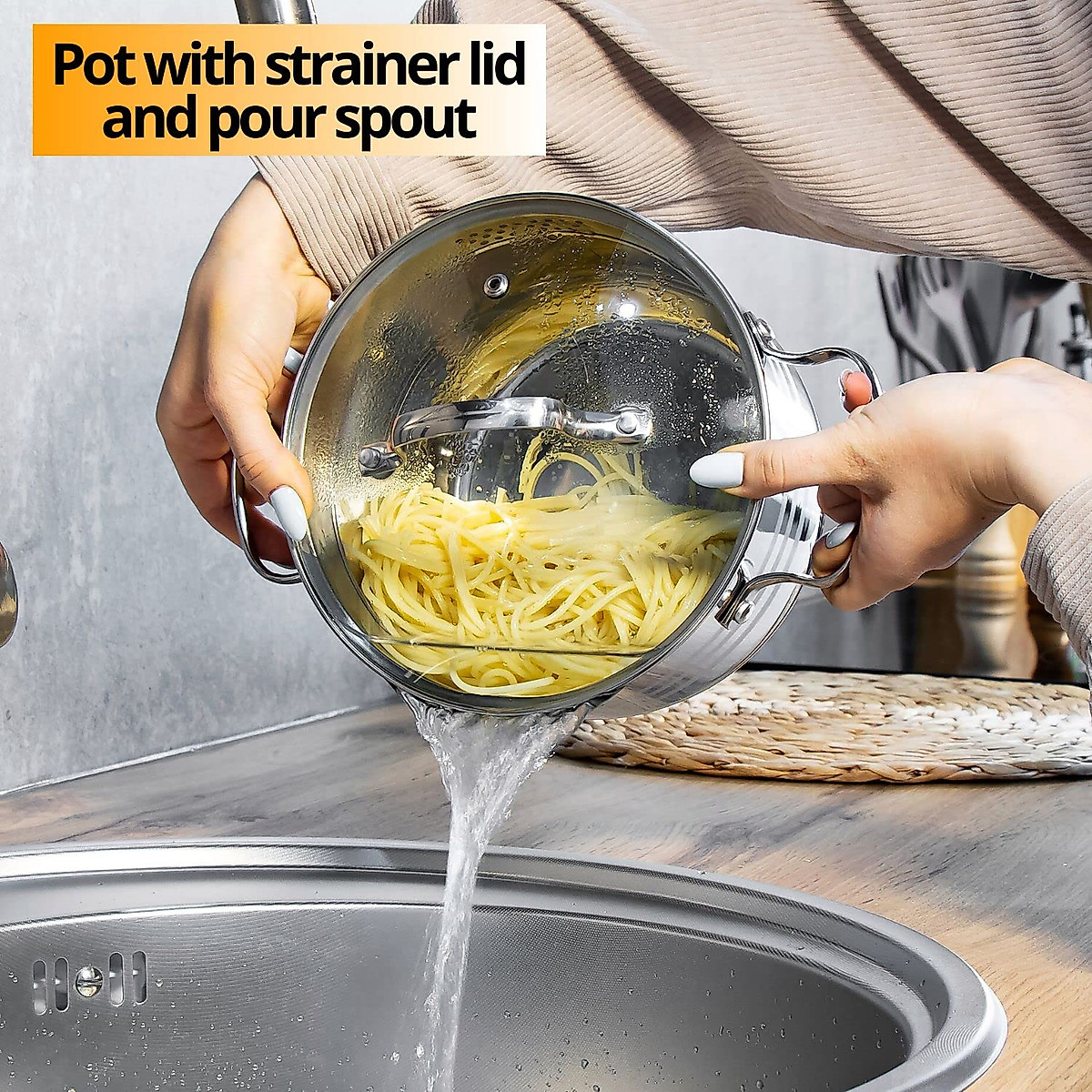 Daniks Tokio Stainless Steel 6-Piece Kitchen Cookware Set | Induction Pot | Pasta Pot with Strainer Lid | Dishwasher Safe | 2 Quart + 3 Quart + 4.5 Quart | Silver