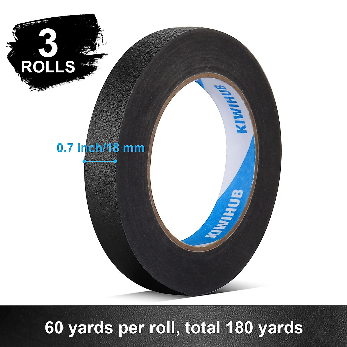 KIWIHUB Black Painters Tape,0.7inch x 60 Yds x 3 Rolls (180 Yards Total) - Medium Adhesive Masking Tape for Painting,Labeling,DIY Crafting,Decoration and School Projects