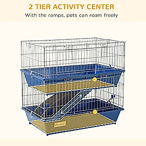PawHut 2-Tier Guinea Pig Cage, Ferret Cage, Chinchilla Cage, Small Animal Cage Indoor with Dish and Bottle, 2 Doors, Deep Bottoms, Ramp, 28", Blue