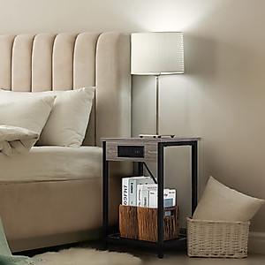 melos Nightstands with Charging Station, 2 Tier Bedside Table with USB Ports and Outlets, Narrow End Table with Storage Shelf, Side Tables for Bedroom, Living Room, Gray