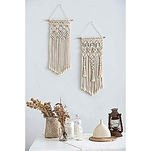 Mkono 4 Pack - 2pcs Hanging Wall Shelf Floating Wood Storage Shelves Leather Strap Swing Organizer, and 2pcs Macrame Woven Wall Hanging Boho Home Chic Bohemian Geometric Art Decor