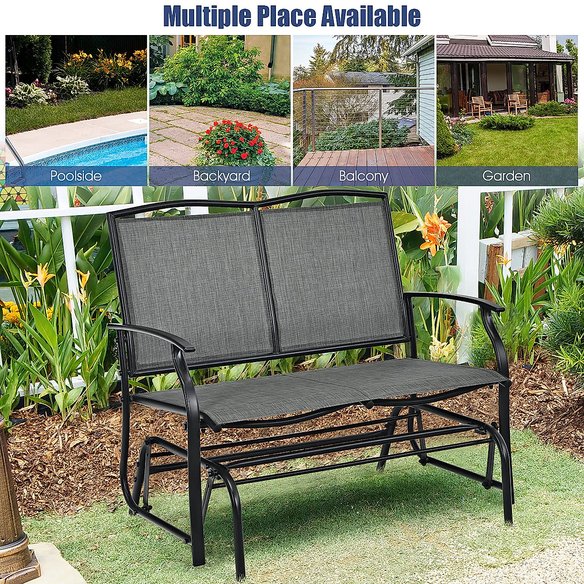 Giantex Patio Glider Benches for Outside, Swing Glider Chair with Steel Frame, 400 LBS Capacity, Patio Swing Rocker, 2-Person Loveseat for Backyard, Poolside, Lawn, Balcony, Porch Glider Bench(Gray)