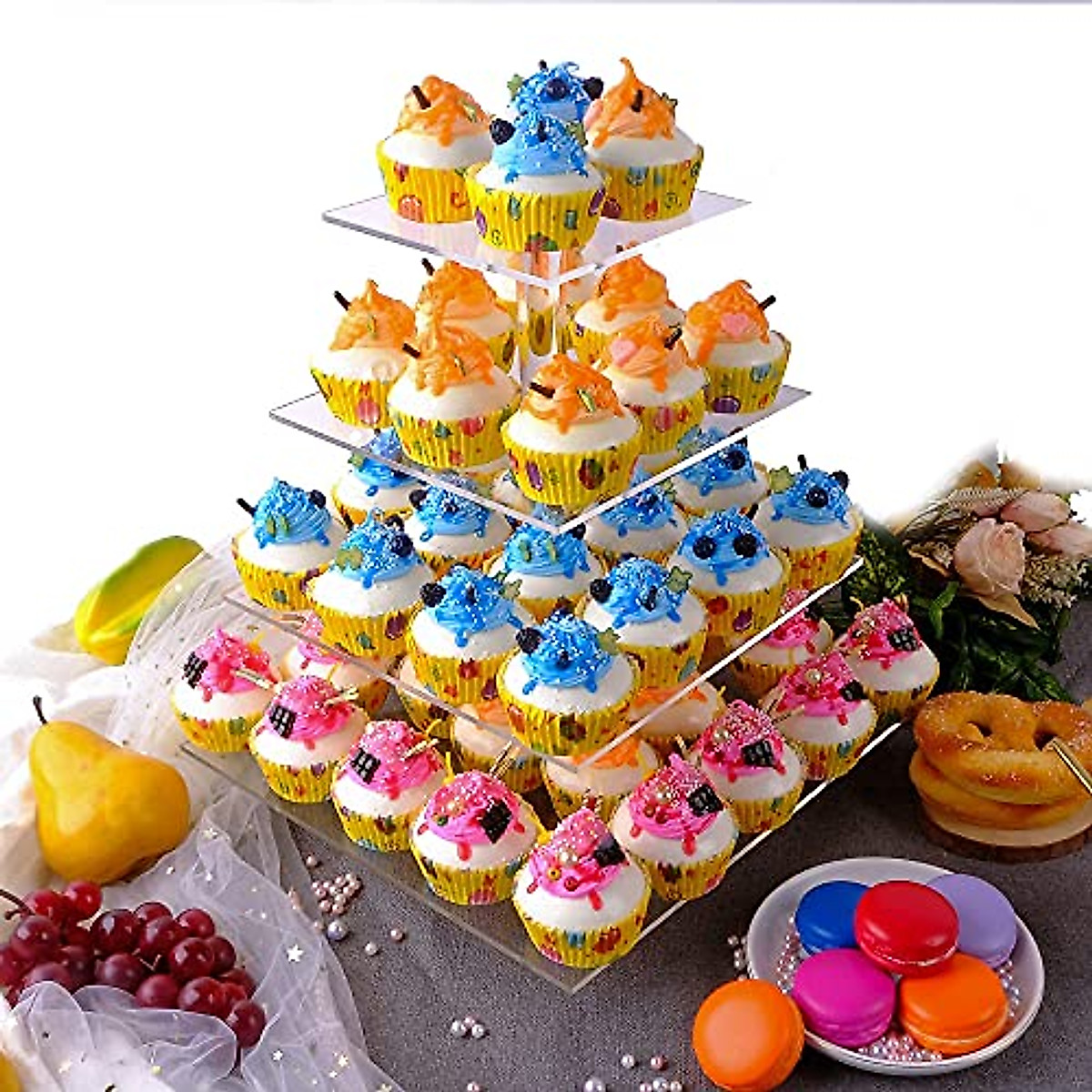 Cupcake Stand, 4 Tier Cupcake Stand for 50 Cupcakes, Square Tiered Cupcake Tower, Clear Acrylic Cupcake Holder, Dessert Stands for Party, Wedding, Birthday, Baby Shower, Halloween