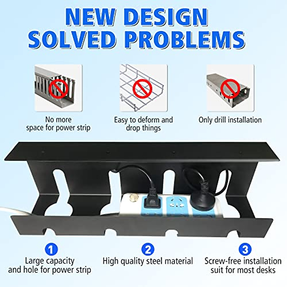 Under Desk Cable Management Tray, No Drill, Steel Desk Cable Management Tray with Wire Organizer and Cord Organizer, Large Rack, Under Desk Black Cable Raceway Tray for Cords /Power Strip, 15.7 in