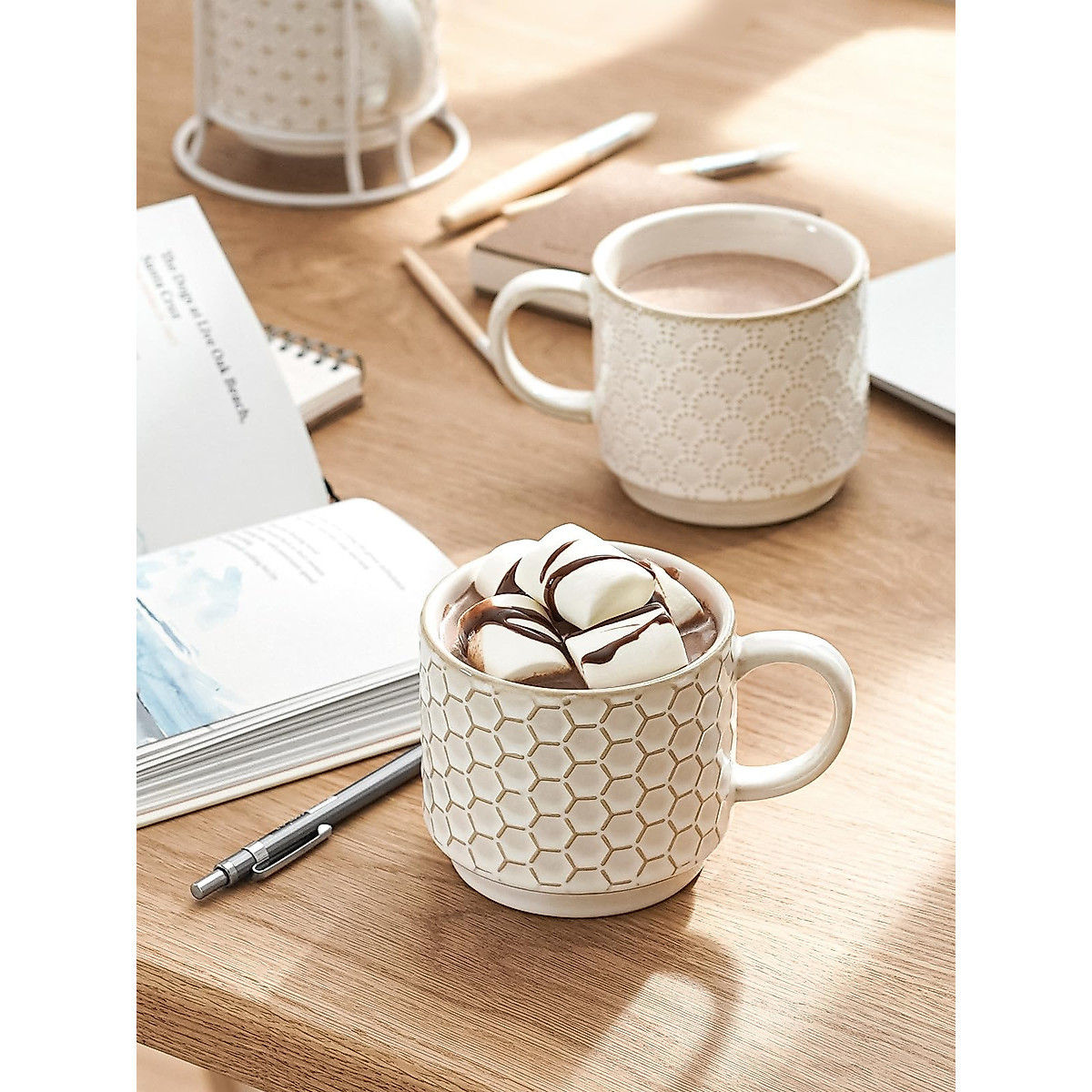 LE TAUCI Stackable Coffee Mugs Set with Stand, Ceramic Embossment Coffee Cups for Au Lait, Cappuccino,Latte,Cafe,Mocha,Tea, Suit For Housewarming Wedding - 12 oz, Set of 4,Arctic white