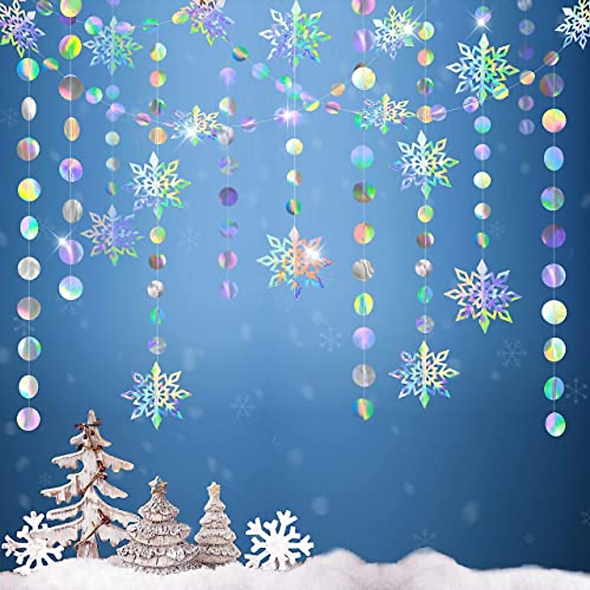 Iridescent Snowflake Decorations Holographic Snow Flakes Garland Winter Wonderland Hanging Streamer Backdrop Decor Banner Christmas New Year Wedding Baby Shower Frozen Birthday Party Supplies