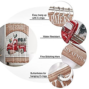 4 Pcs Shower Curtain Sets with Rugs,Vintage Farm Animals Cows Roosters Red Truck Wood Grain Background Bathroom Sets,Waterproof Non-Slip Shower Curtain U-shaped Rug Bath Mat Toilet Lid Cover 12 Hooks