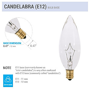 (Pack of 12) 25 Watt CTC Clear Candelabra Base (E12) Straight Torpedo Tip 120V Incandescent Chandelier Light Bulbs