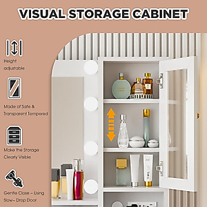 Likein Vanity Desk with Mirror and Lights, White Vanity Makeup Desk with Drawer & Glass Storage Cabinet & Charging Station, 3-Color Lights Adjustable Brightness, Make Up Dressing Table for Bedroom