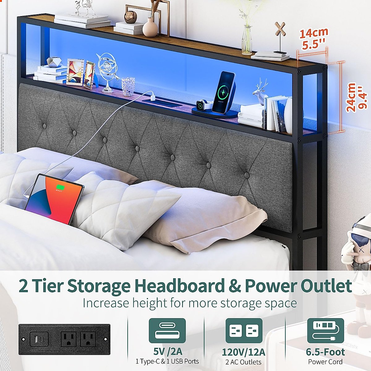 Yoobure Queen Size Bed Frame, Metal Platform Bed Frame Queen Size with Headboard, Noise Free Bed Frames with Storage Drawers, Bedframe with Charging Station LED Light, Heavy Duty, No Box Spring Needed