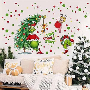 Christmas Wall Decals Stickers Self-Adhesive Winter Christmas Wall Stickers Holiday Xmas Wall Decals Cute Christmas Trees Green Monster Designs for Christmas Party Home Supplies Home Wall Decorations