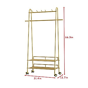 TIEOU Rolling Gold Clothing Rack, Gold Clothes Rack Heavy Duty, Clothing Rack for Hanging Clothes, Modern Clothing Rack, Coat Rack Stand, Gold Clothing Rack, Garment Rack, Pipe Clothing Rack, Gold