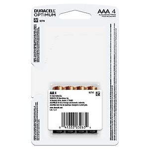 Duracell Optimum AAA Batteries with Power Boost Ingredients, 4 Count Pack Triple A Battery with Long-lasting Power, All-Purpose Alkaline AAA Battery for Household and Office Devices