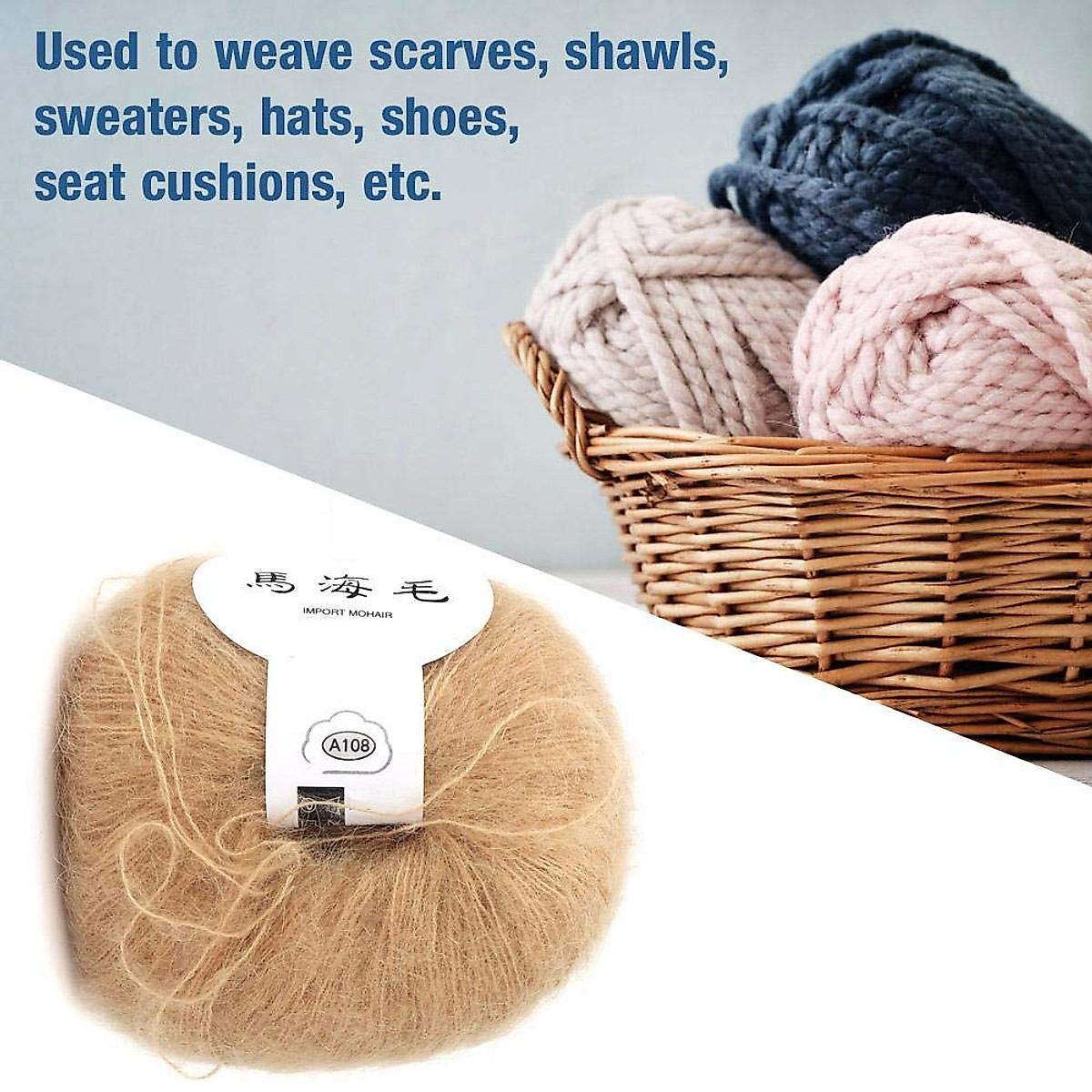 26g/Roll Soft Angora Mohair Yarn Long Wool Knitting Yarn with A Crochet for Garments Scarves Sweater Shawl Hats and Craft Projects(Khaki)