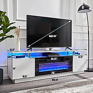 Amerlife Fireplace TV Stand with 36" Fireplace, 70" Modern High Gloss Entertainment Center LED Lights, 2 Tier TV Console Cabinet for TVs Up to 80", Ivory White