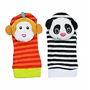 asUwish 4Pcs Baby Soft Rattle，Cute Soft Baby Socks Toys，Wrist Chew Toy，Baby Socks Toys Wrist Rattle and Foot Finder for Newborn Boy or Girl (Monkey and Panda)