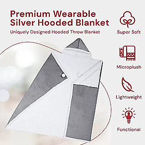 Premium Wearable Hooded Blanket for Adult Women and Men 71"x51" - Super Soft, Lightweight, Microplush, Cozy and Functional Throw Blanket (Silver)