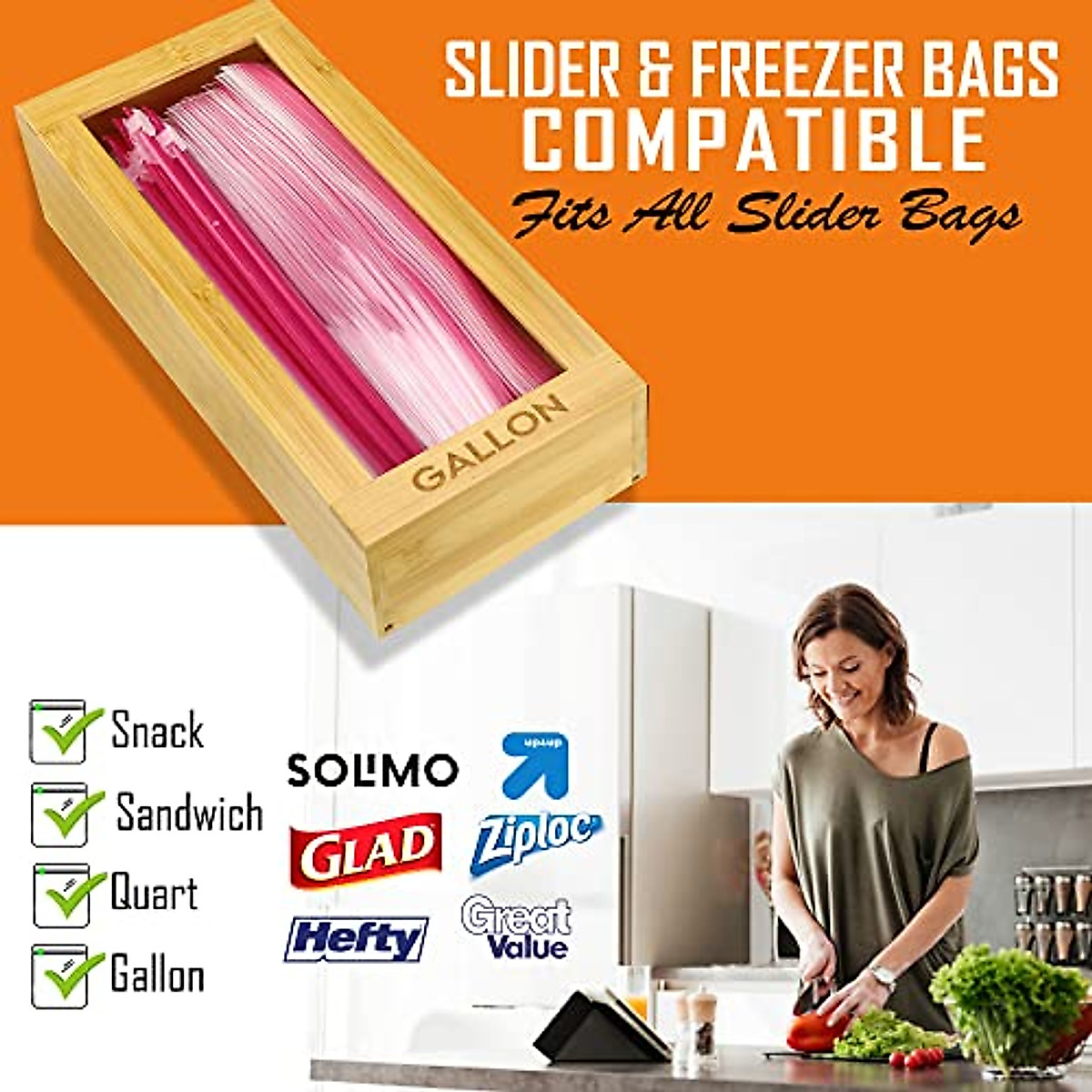 MOOTCHA Bamboo Ziplock Bag Organizer for Kitchen Drawer w/Bigger Quart Size - Food Storage Bag Organizer compatible w/Slider/Freezer Bags - Snack, Quart, Sandwich, and Gallon Bags Dispenser