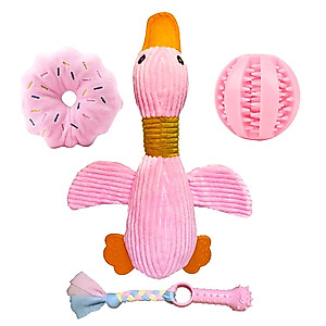 Volacopets Large Goose Puppy Toys, Dog chew Toys Squeaky Crinkle Duck for Small Medium Dog Breeds, Puppy Toys for Small Dogs, Puppy chew Teething Toys, Pink, 4 Pack