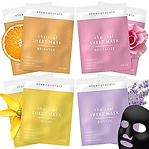 Viva Naturals Charcoal Face Mask Set (8 Pack) - Collagen & Hyaluronic Acid Face Mask for Skin Care - Moisturize and Brighten with 4 Varieties of Facial Sheet Mask