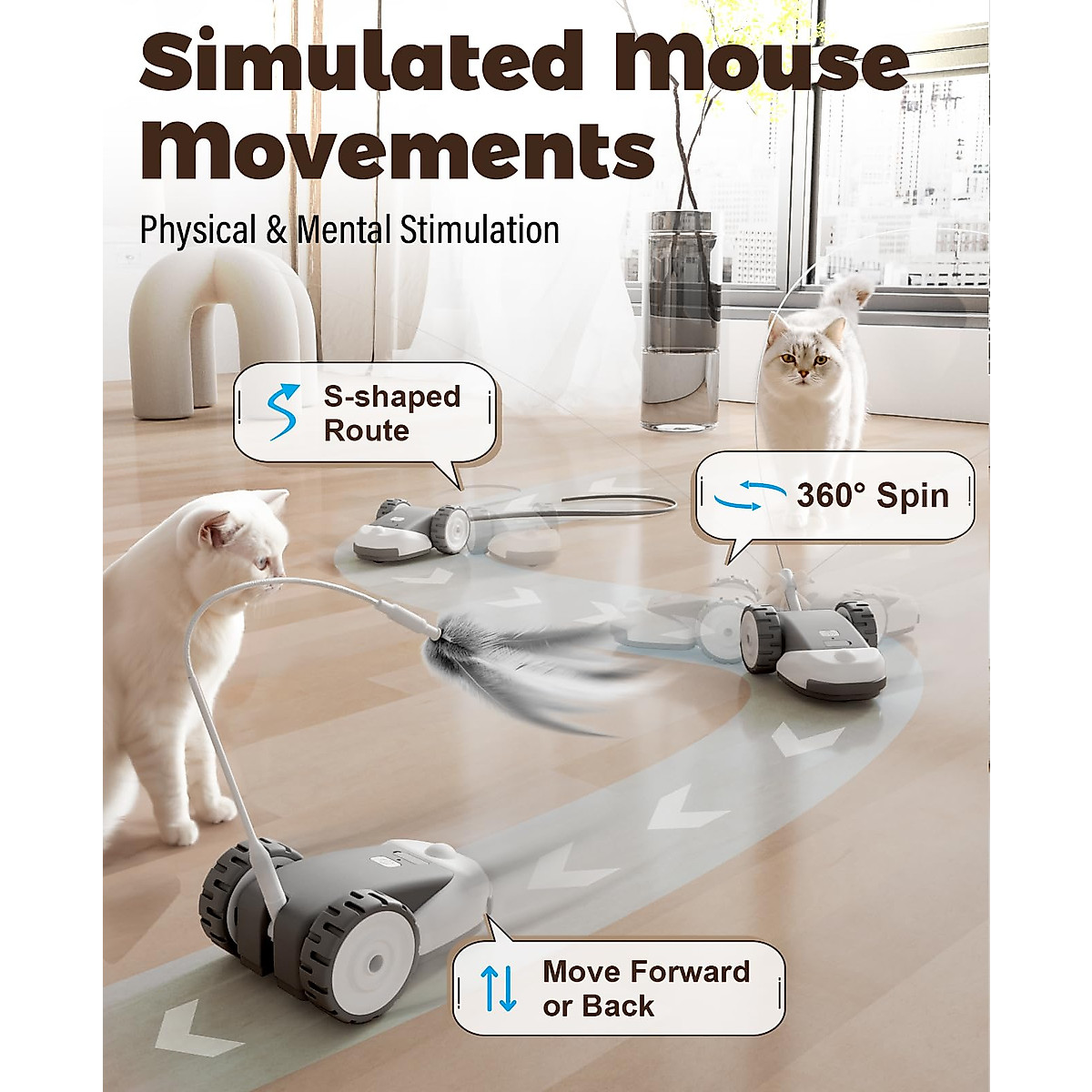 CYROS 3-in-1 Interactive Cat Toy - 2-Speed Automatic Moving Mouse Cat Toys Self Play with 2pcs Hanging Feather String Ribbon and Wiggly Silicone Mice Tail for Bored Indoor Adult Cats Kittens